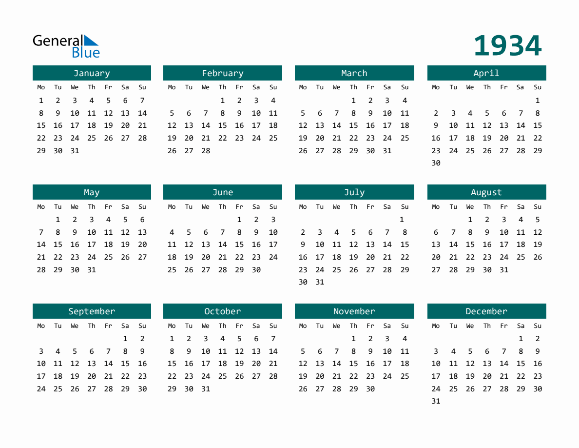 1934 Full-Year Calendar with Monday Start