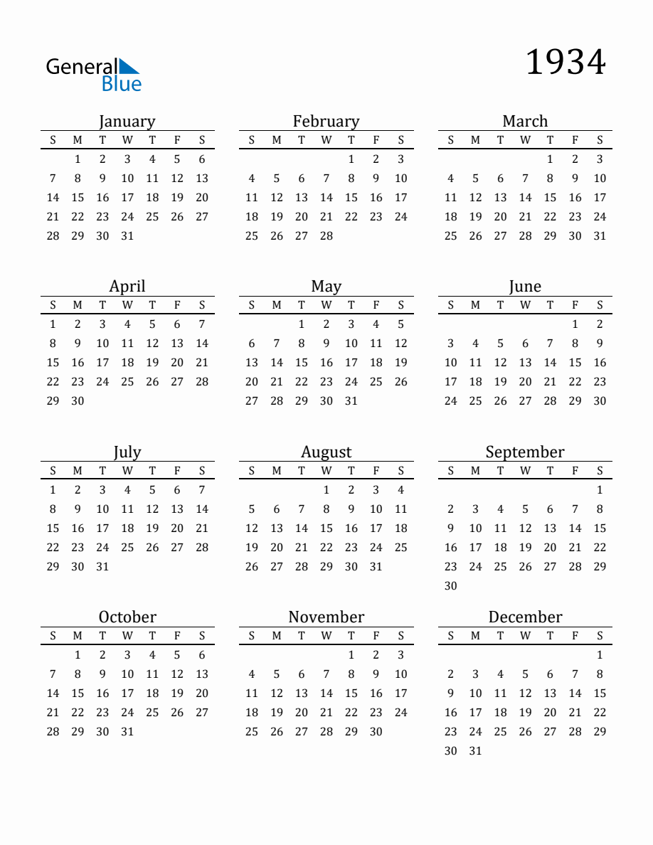 Year 1934 Free Printable 12-Month Calendar