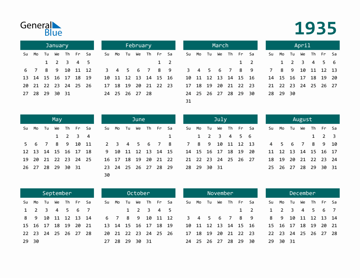 1935 Full-Year Calendar
