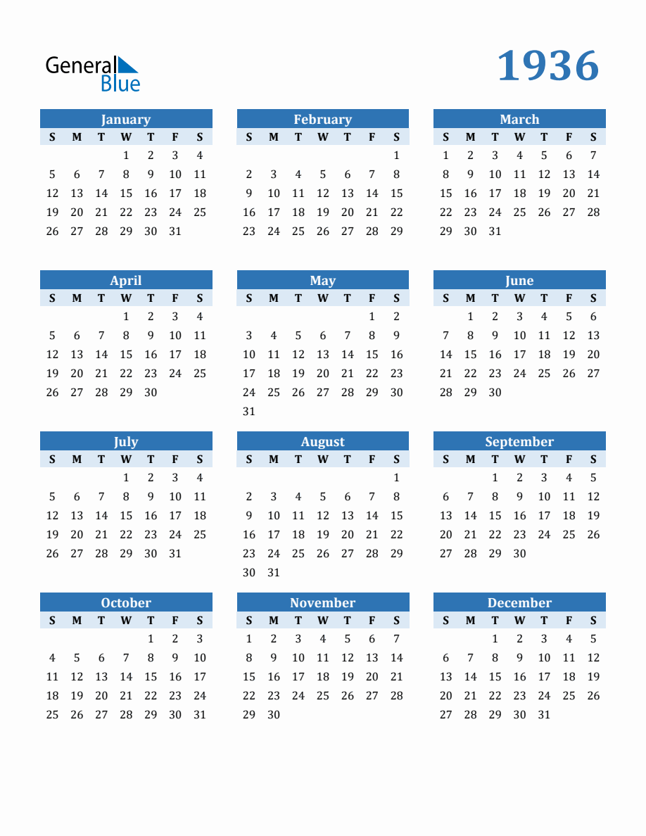 Free 1936 Year Calendar in PDF, Word, and Excel