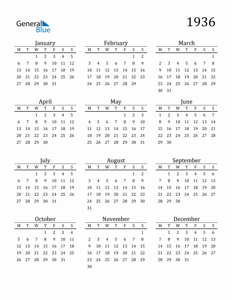 Year 1936 Free Printable 12-Month Calendar