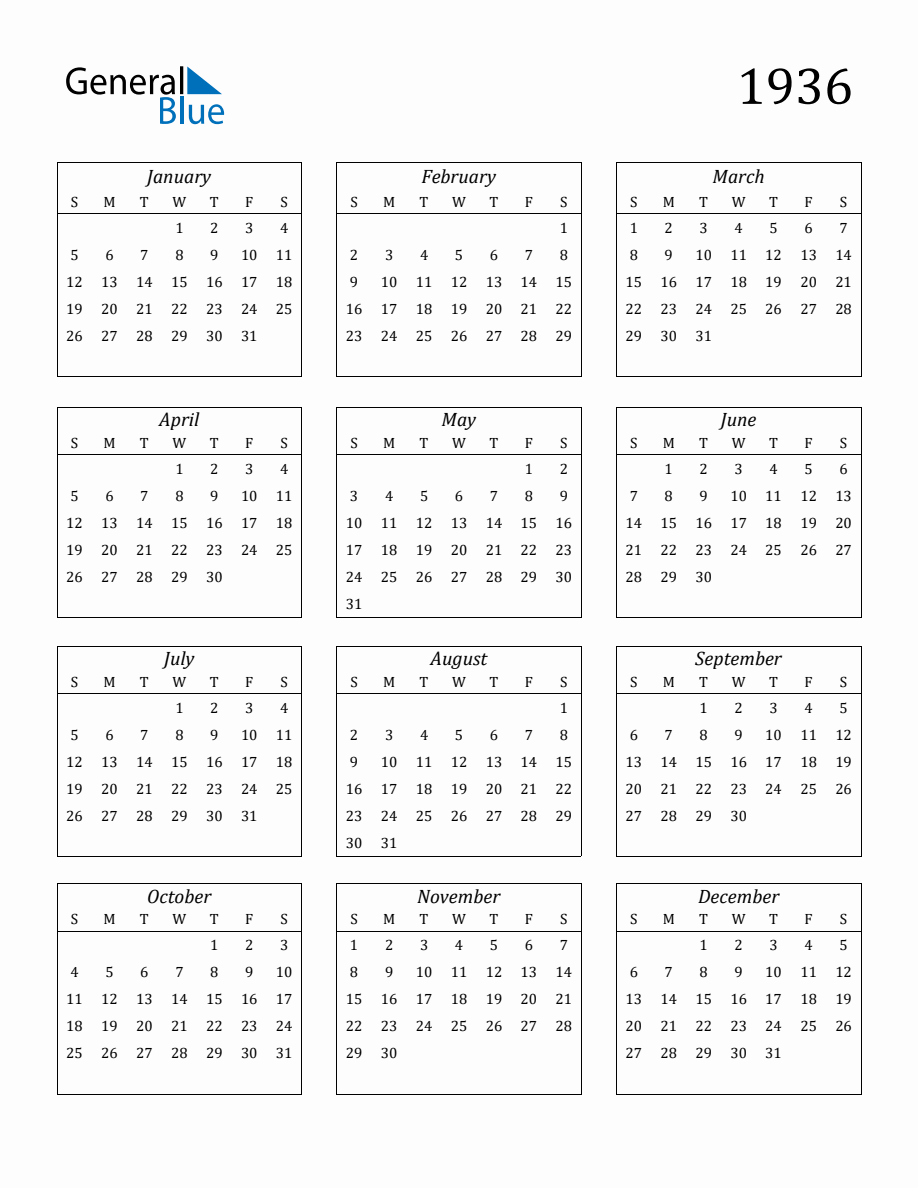 1936 Blank Yearly Calendar Printable