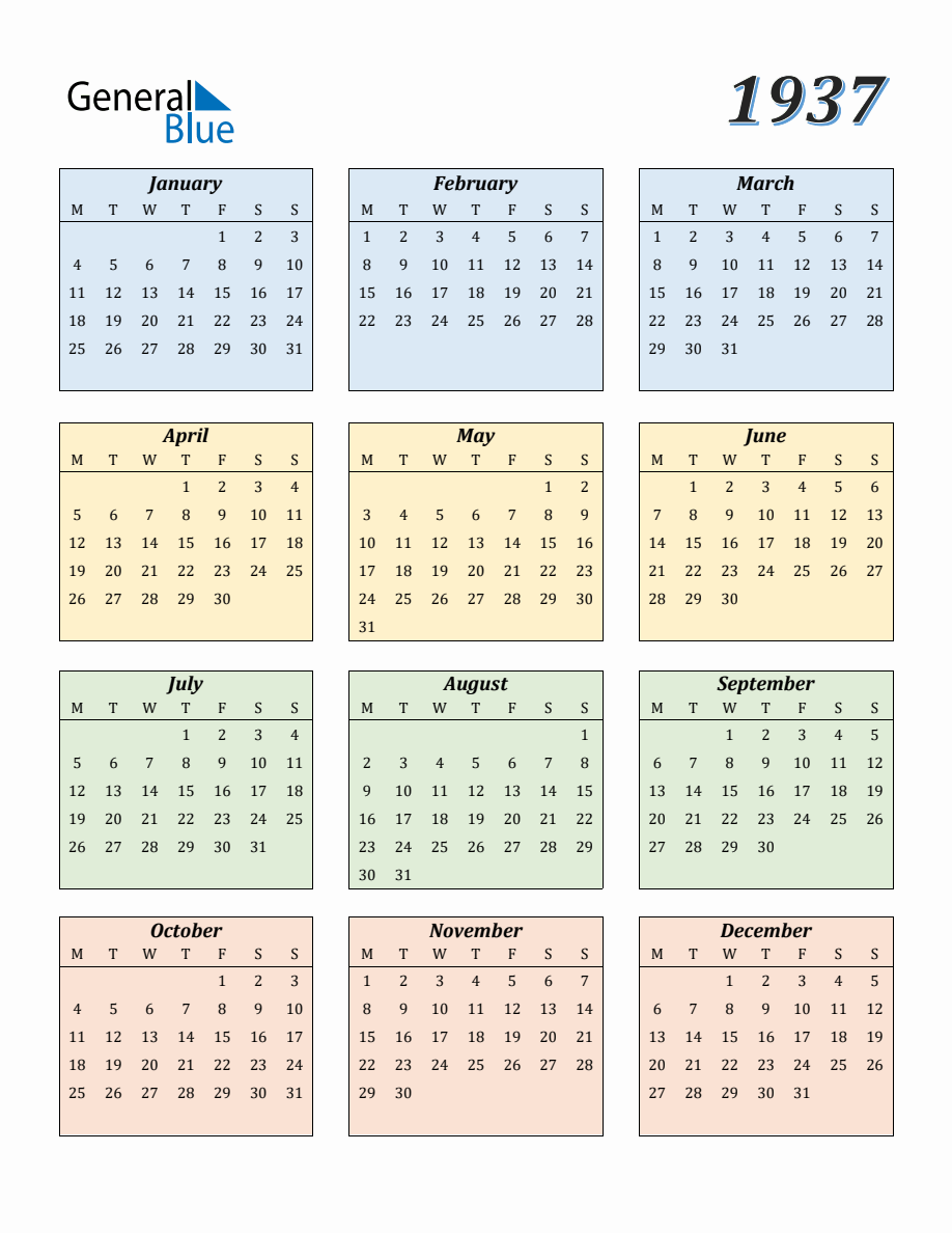 Calendar for Year 1937 with Monday Start