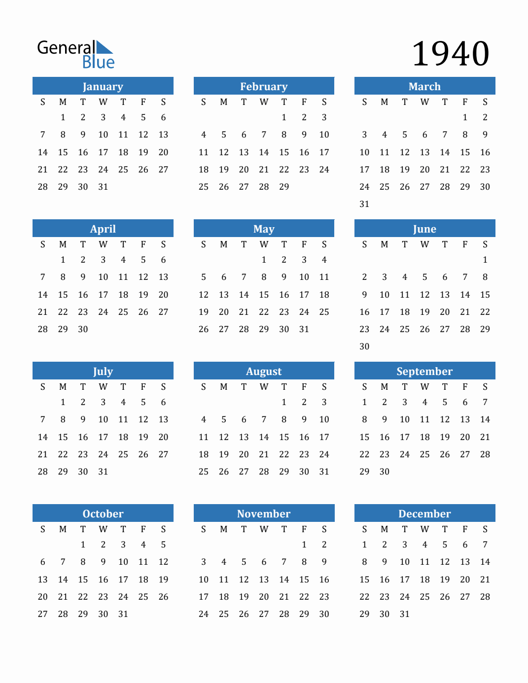 Free 1940 Calendars in PDF, Word, Excel