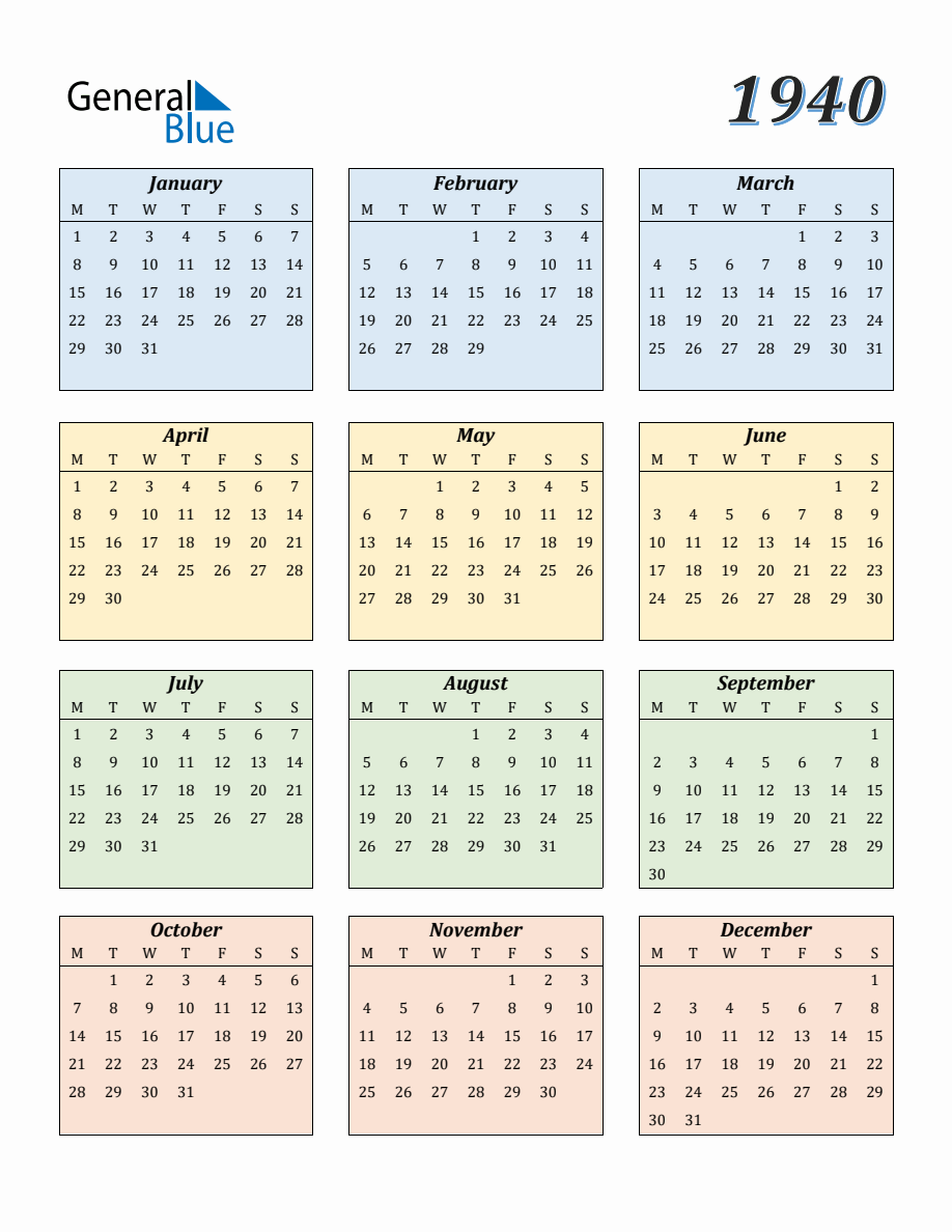 Calendar for Year 1940 with Monday Start