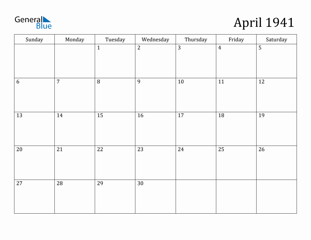 April 1941 Monthly Calendar