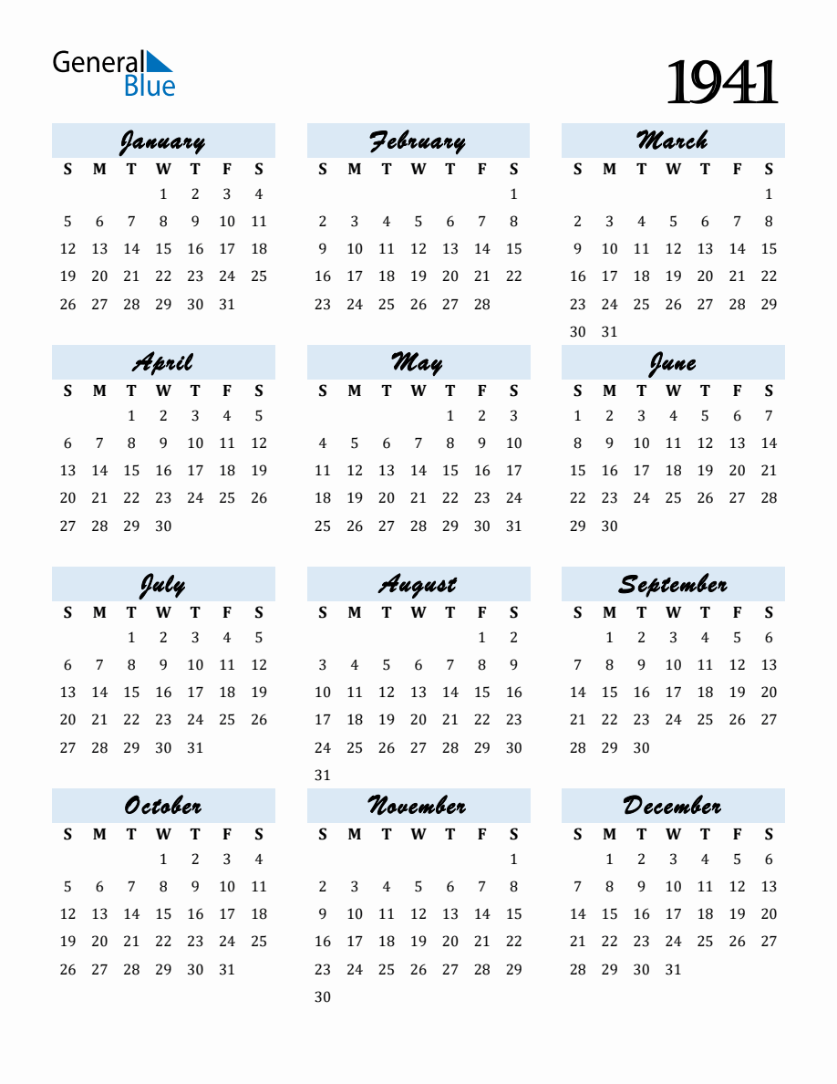 Free Downloadable Calendar for Year 1941
