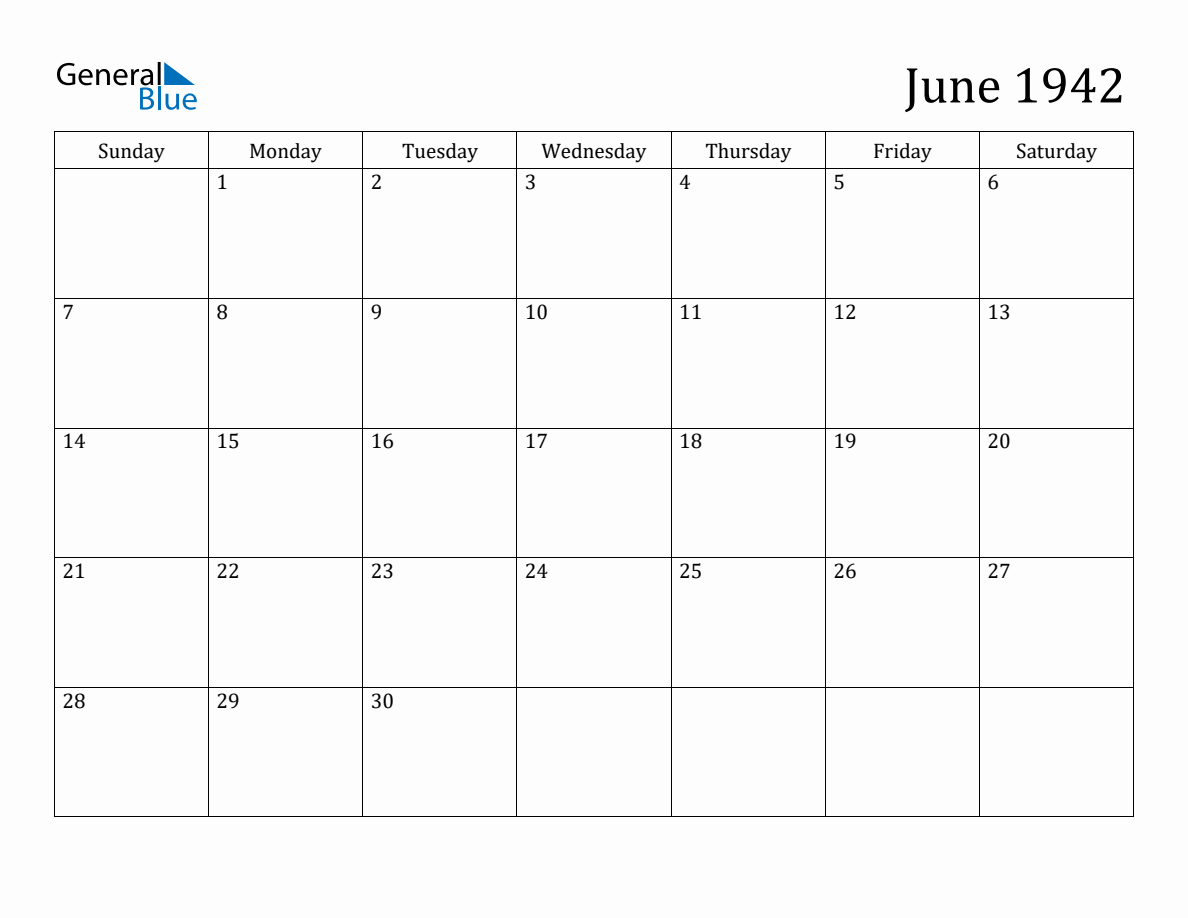 June 1942 Monthly Calendar