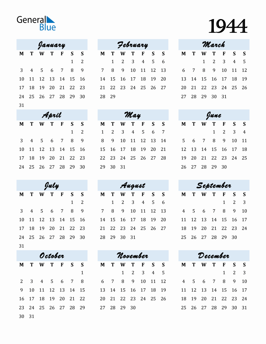 Free Downloadable Calendar for Year 1944 with Monday Start