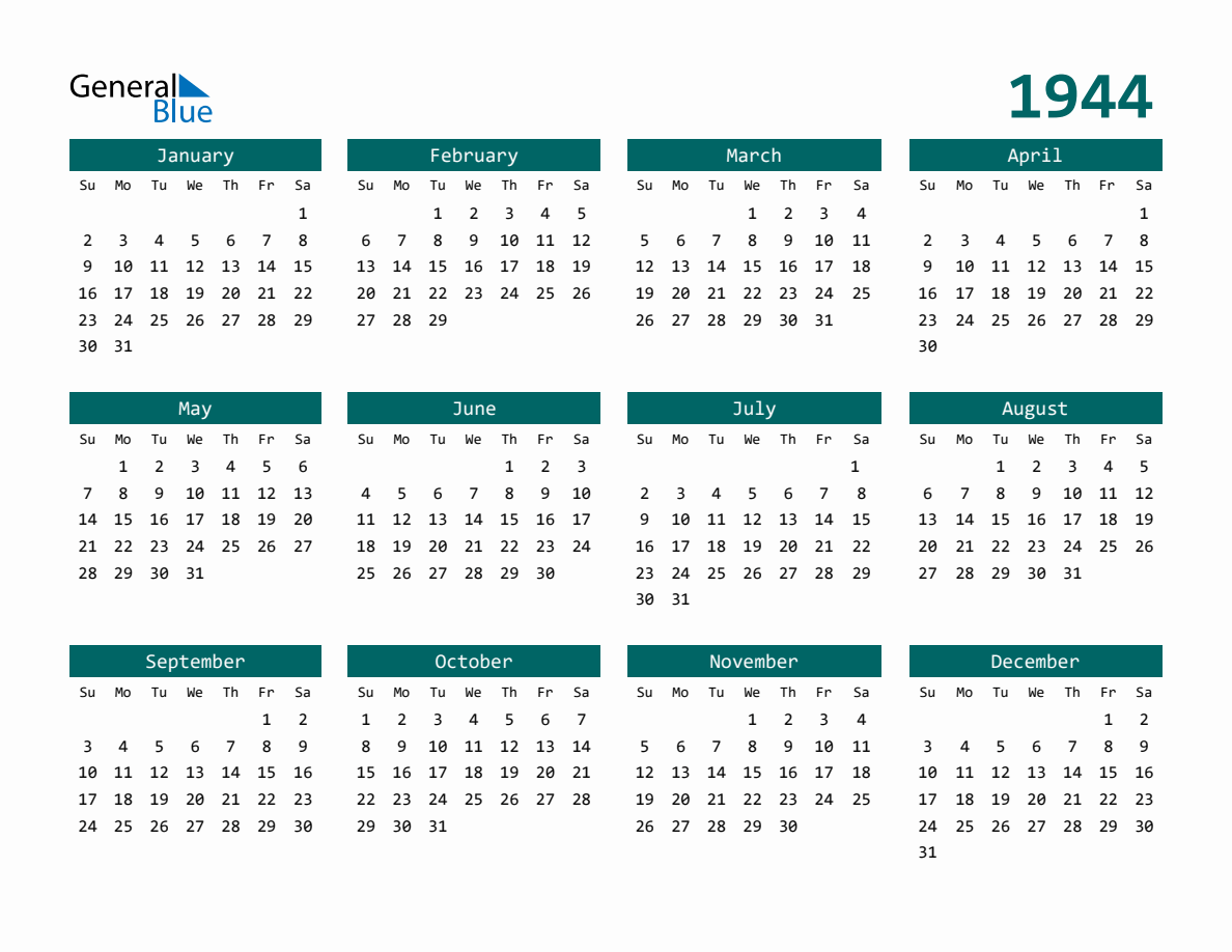 1944 Full-Year Calendar