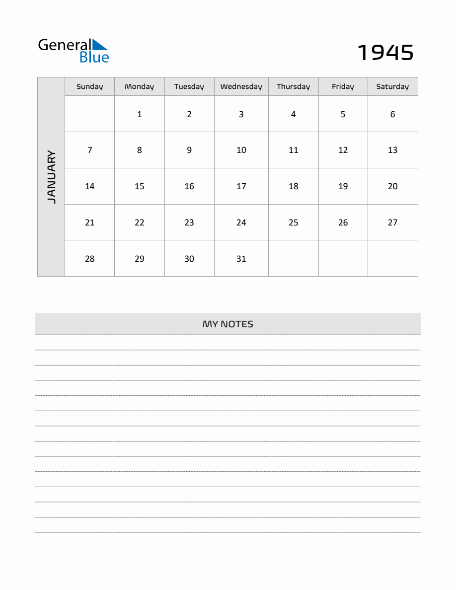 January 1945 Printable Monthly Calendar with Notes