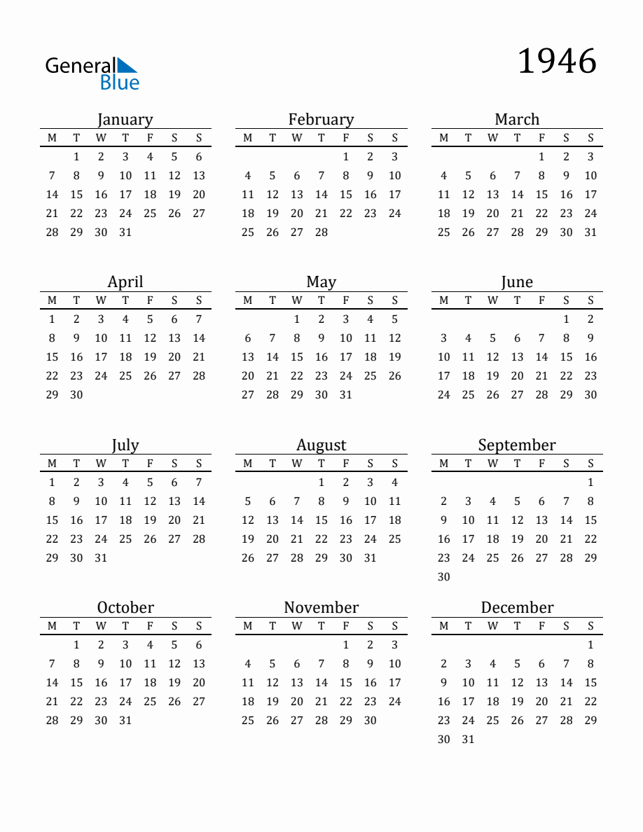 Year 1946 Free Printable 12-Month Calendar with Monday Start