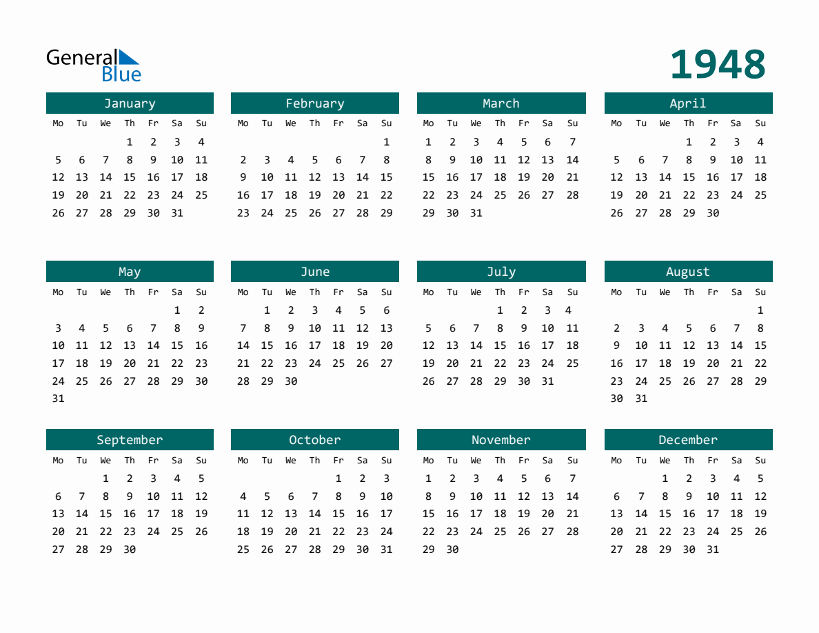1948 Full-Year Calendar with Monday Start