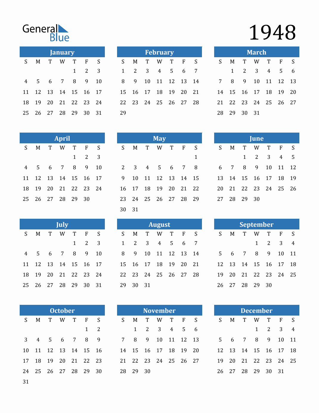 Free 1948 Calendars in PDF, Word, Excel