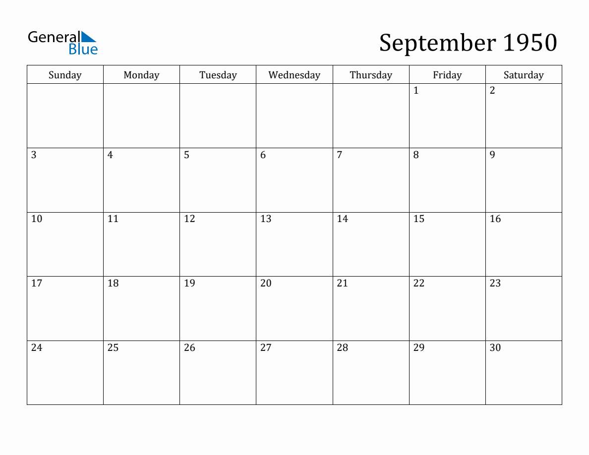 September 1950 Monthly Calendar