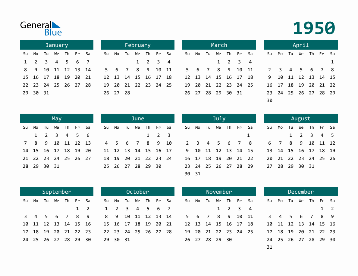 1950 Full-Year Calendar