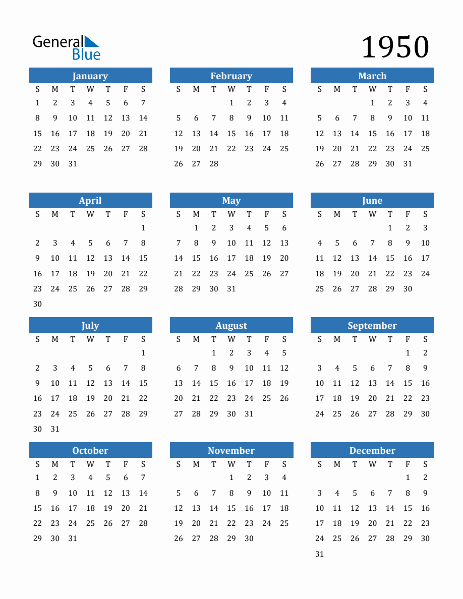 1950 Yearly Calendar