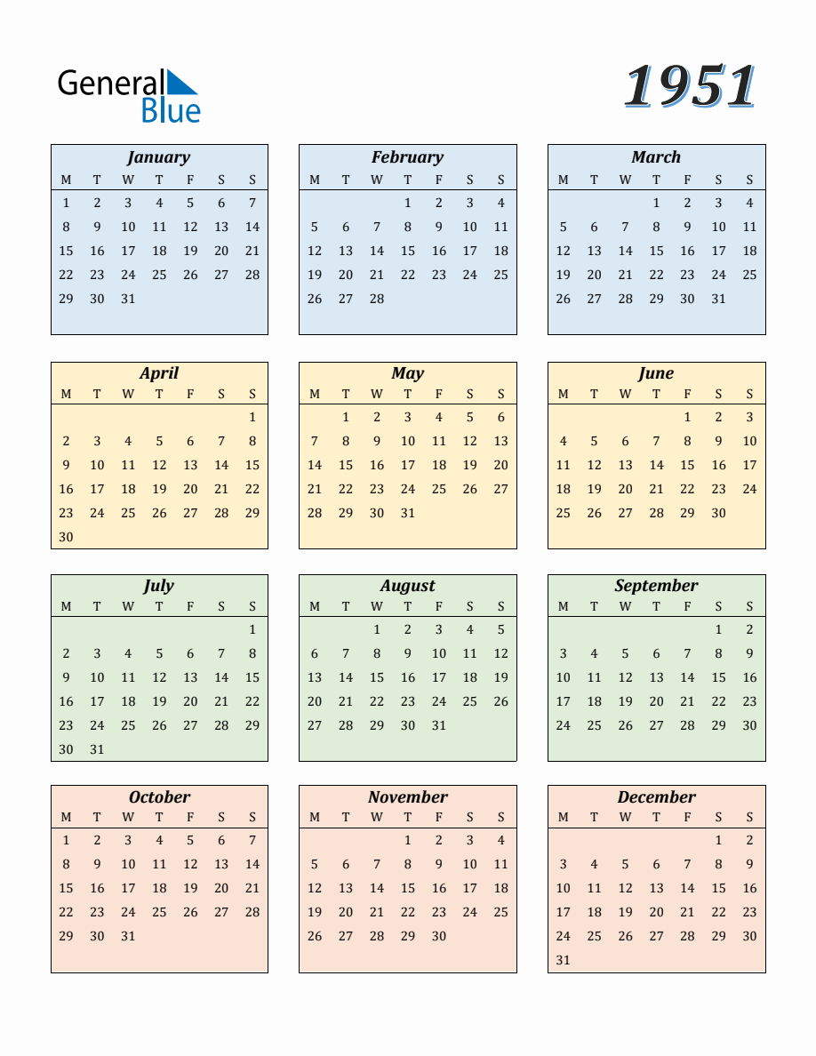 Calendar for Year 1951 with Monday Start