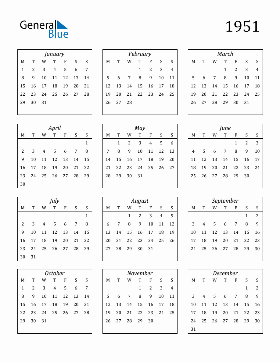 1951 Blank Yearly Calendar Printable with Monday Start