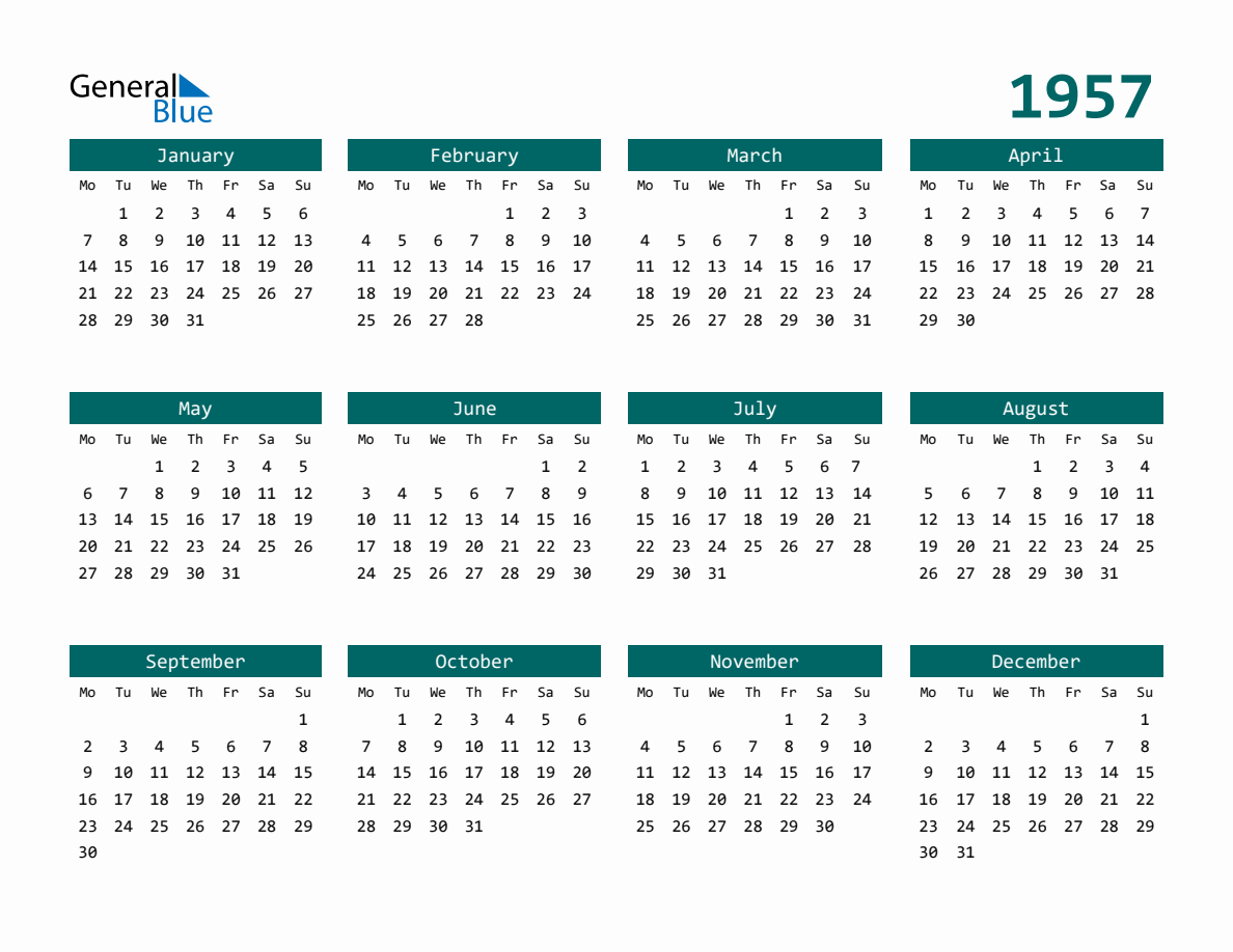 1957 Full-Year Calendar