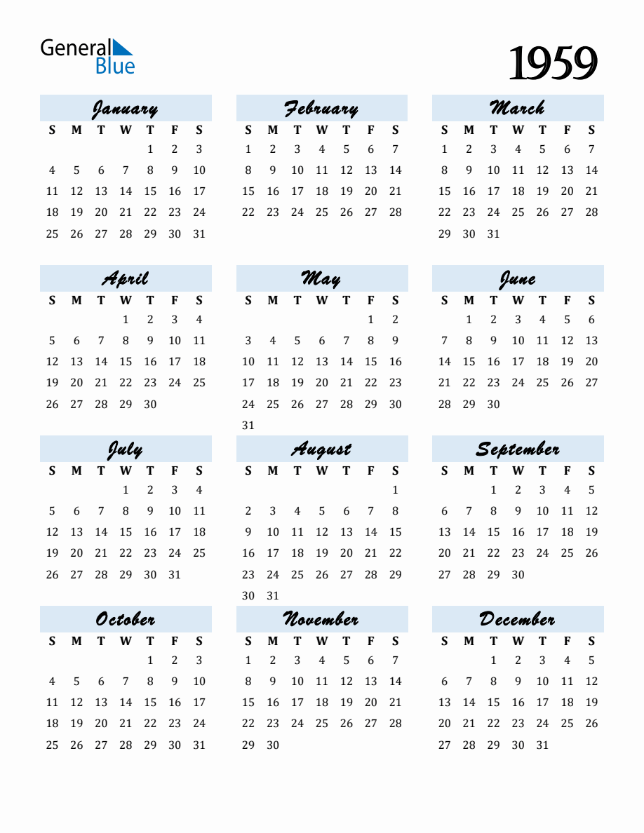 Free Downloadable Calendar for Year 1959