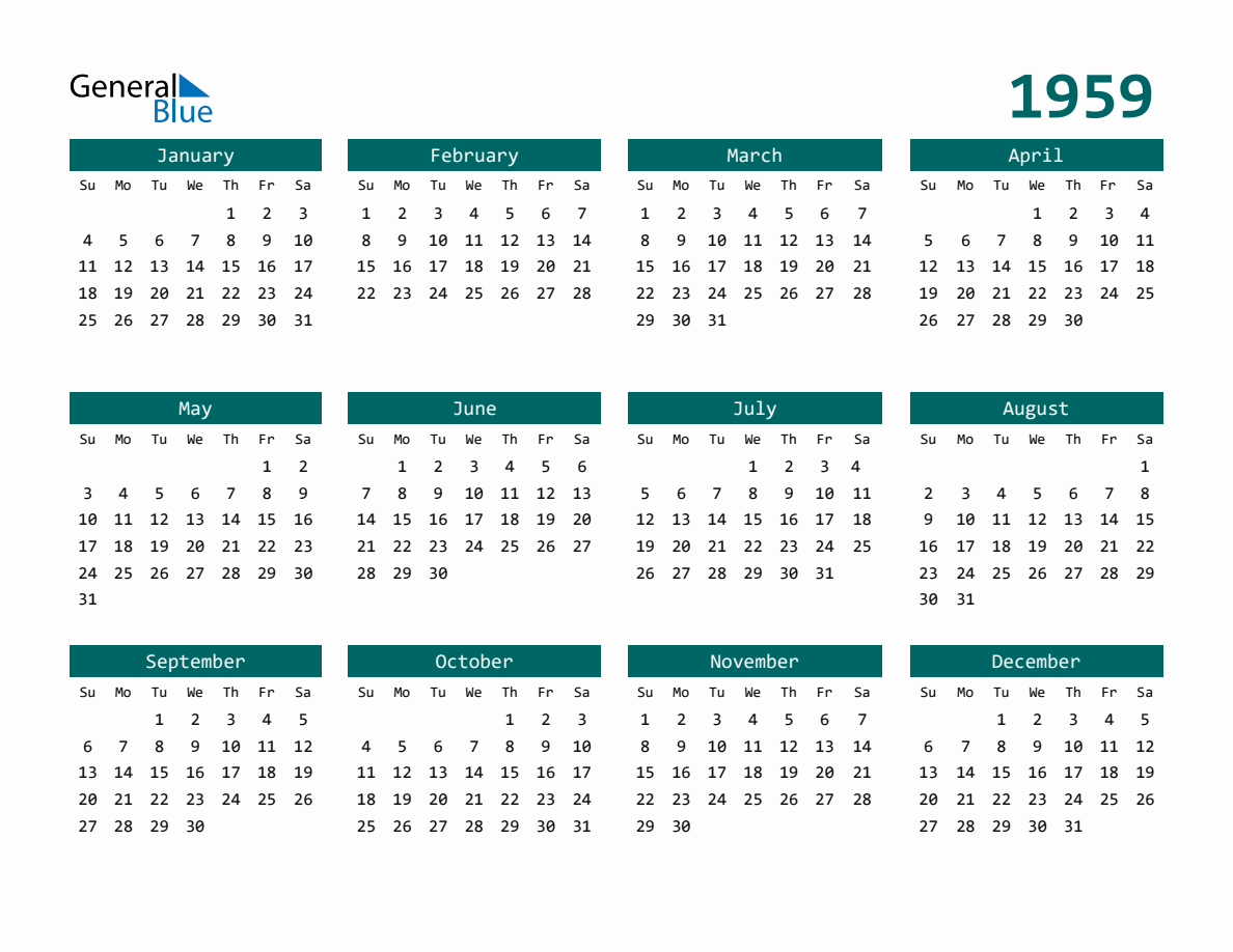 1959 Full-Year Calendar
