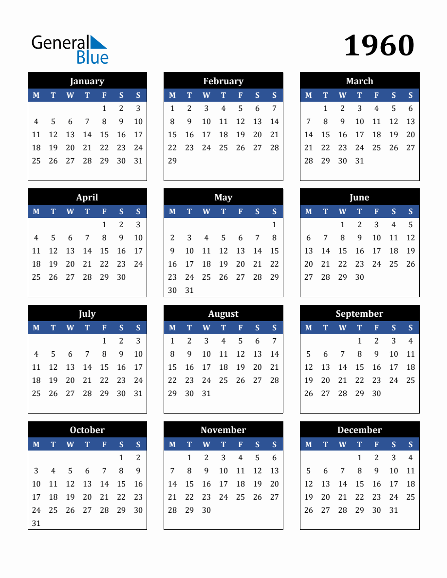 Editable 1960 Calendar with Monday Start
