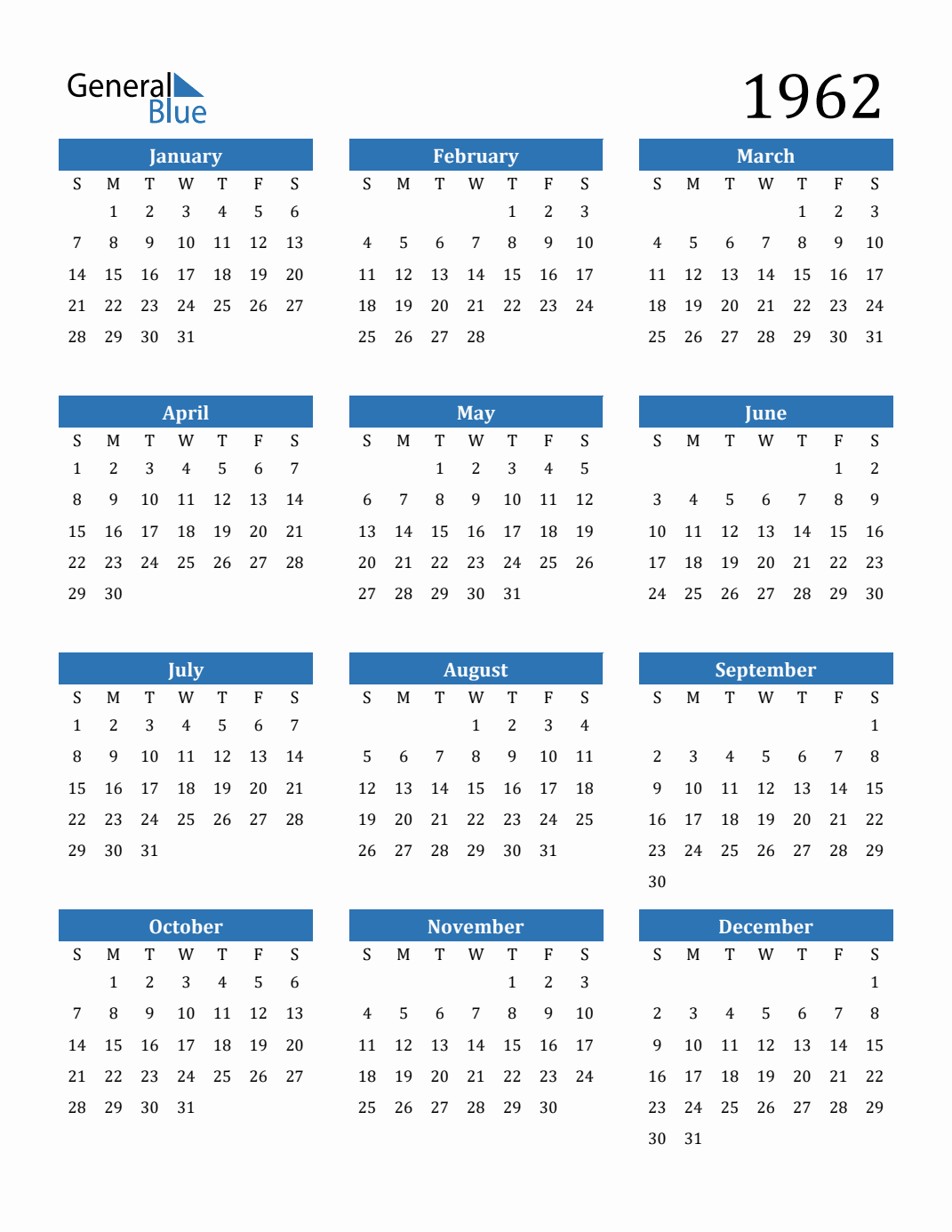 Free 1962 Calendars in PDF, Word, Excel