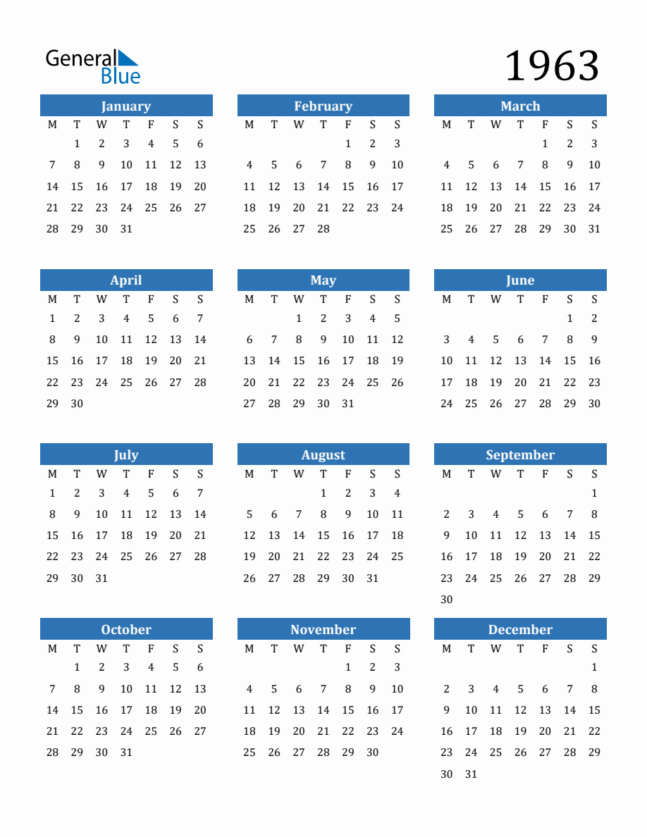 1963 Yearly Calendar with Monday Start