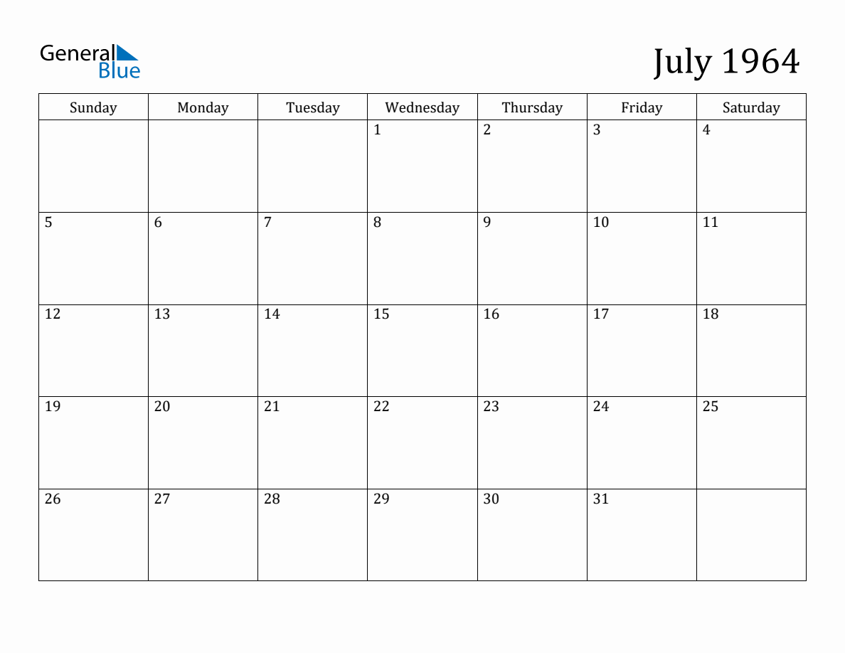 July 1964 Monthly Calendar