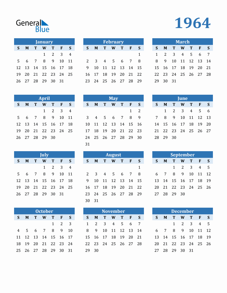 Free 1964 Year Calendar in PDF, Word, and Excel