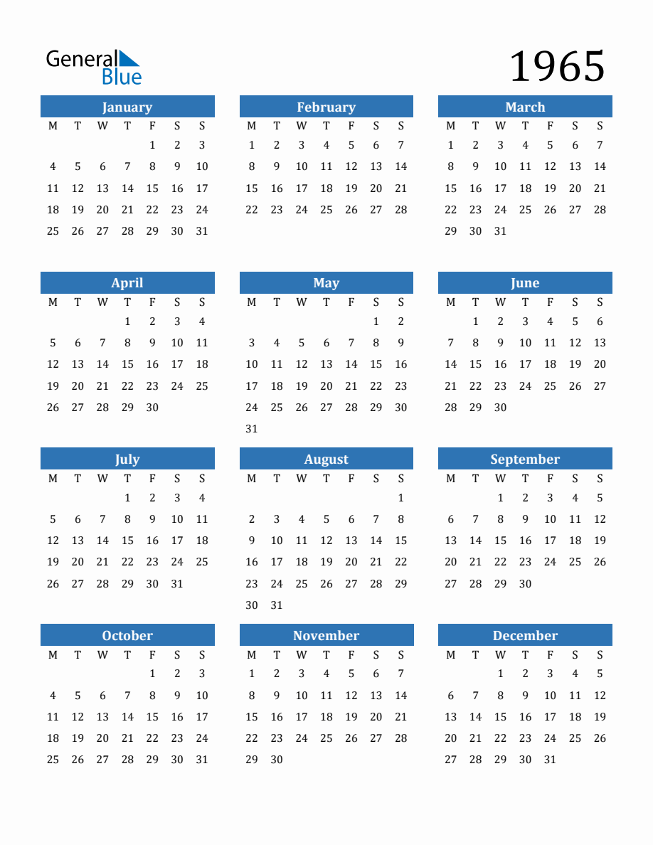 1965 Yearly Calendar with Monday Start