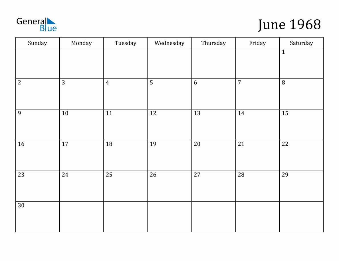 June 1968 Monthly Calendar