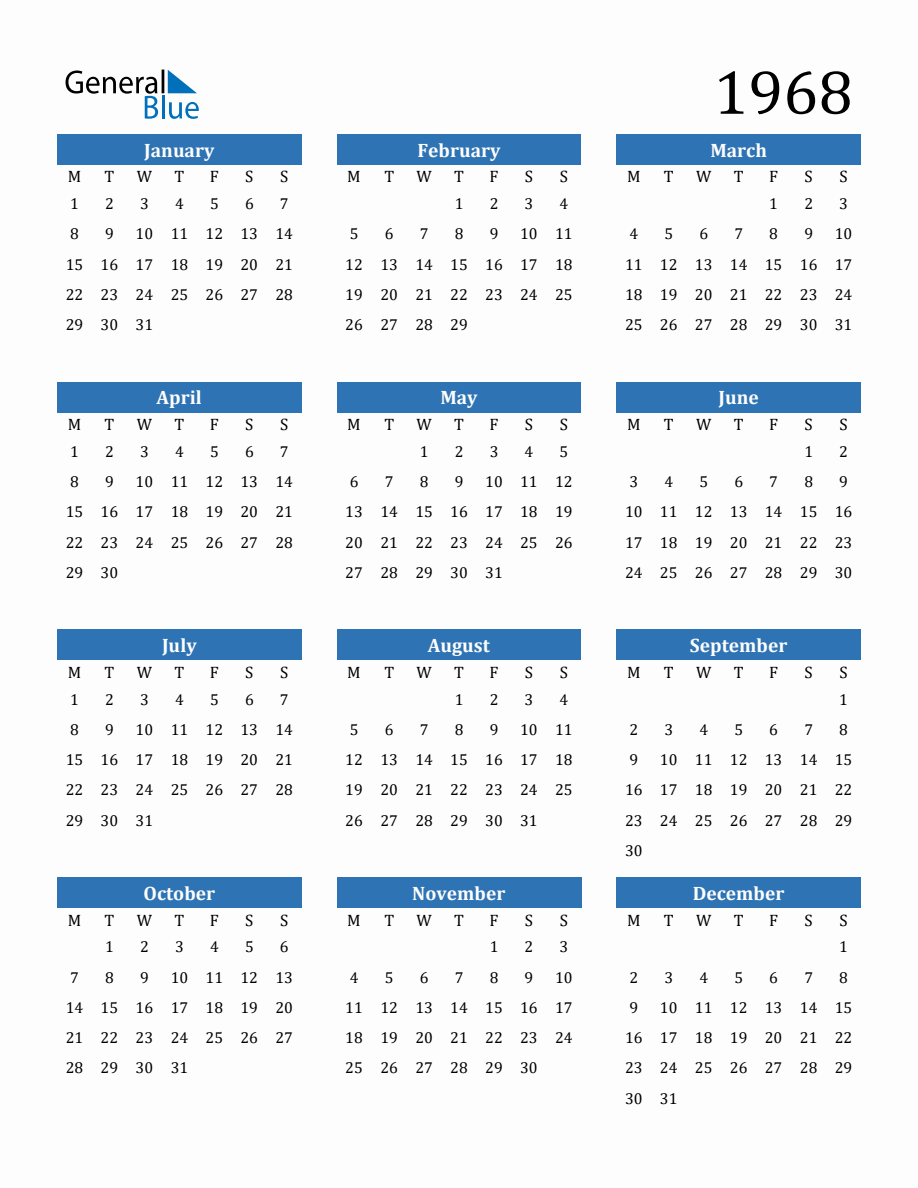 1968 Yearly Calendar with Monday Start