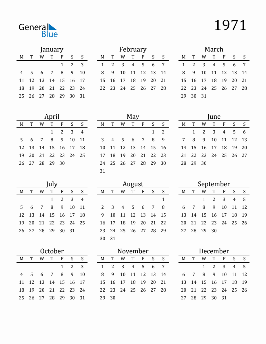 Year 1971 Free Printable 12-Month Calendar with Monday Start