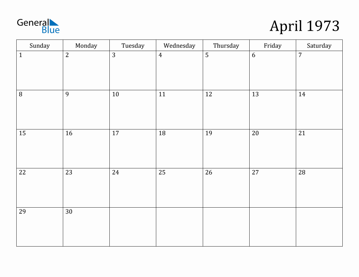 April 1973 Monthly Calendar