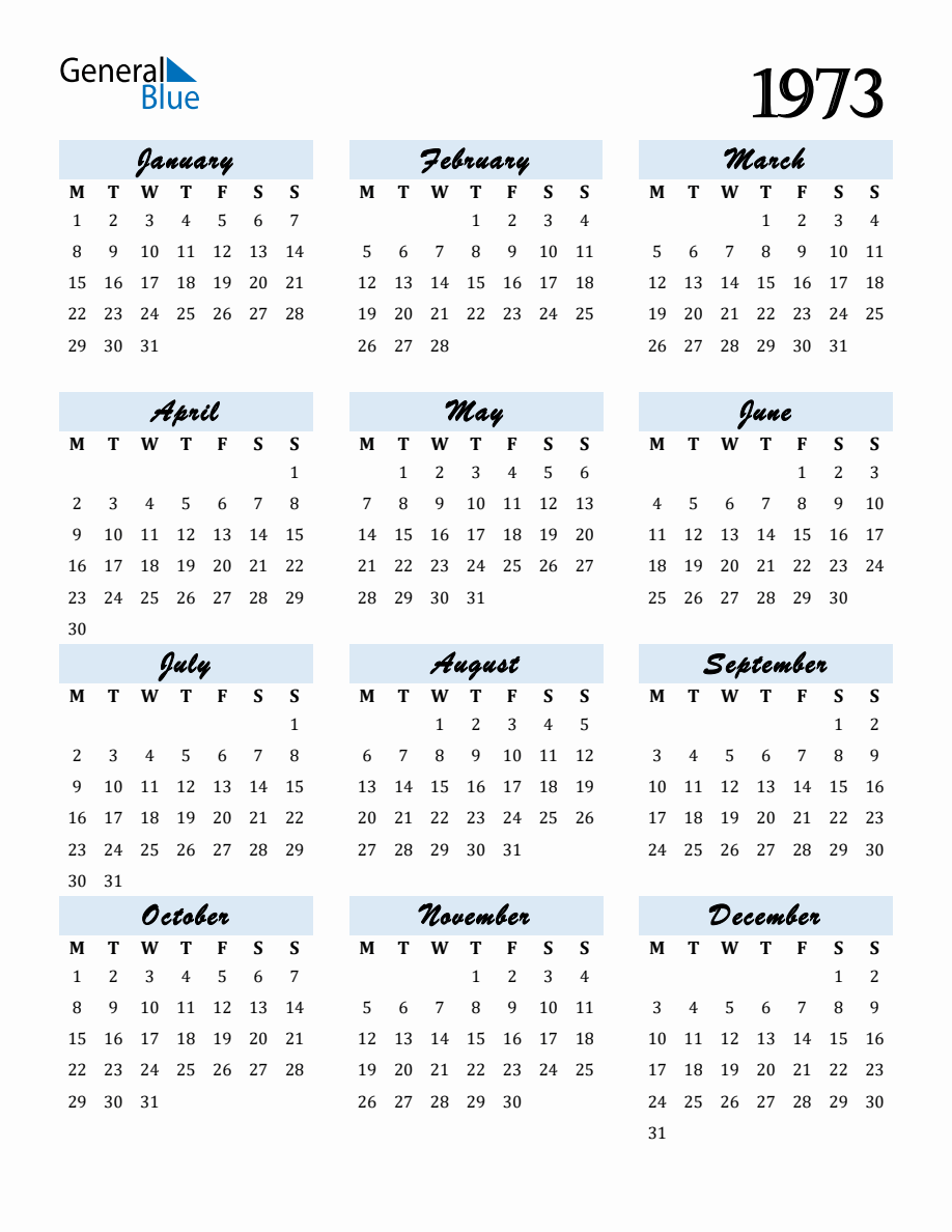 Free Downloadable Calendar for Year 1973 with Monday Start