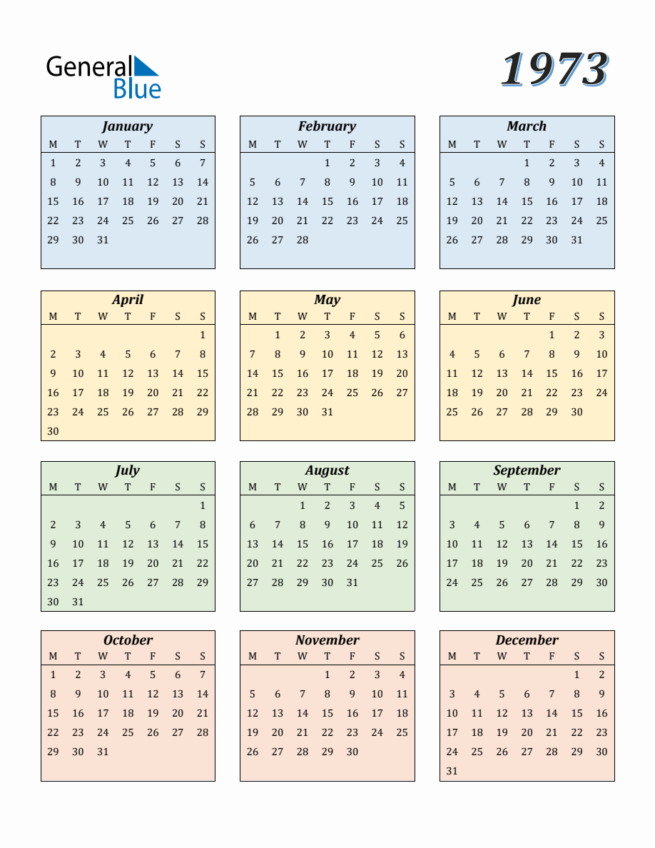 Calendar for Year 1973 with Monday Start