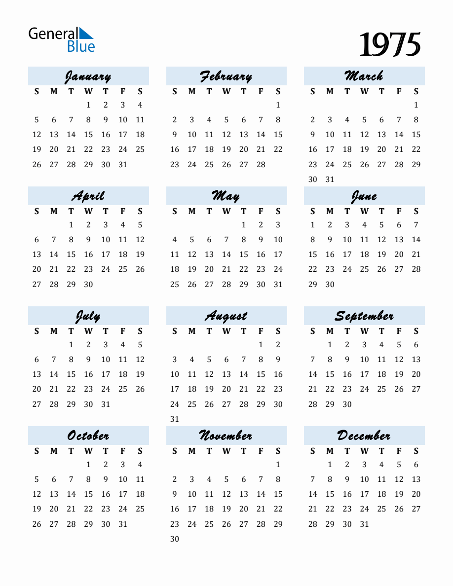Free Downloadable Calendar for Year 1975