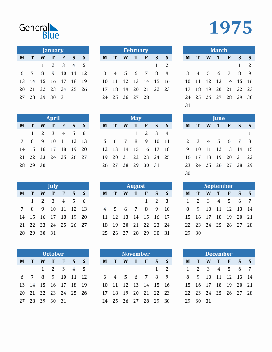 Free 1975 Year Calendar in PDF, Word, and Excel with Monday Start