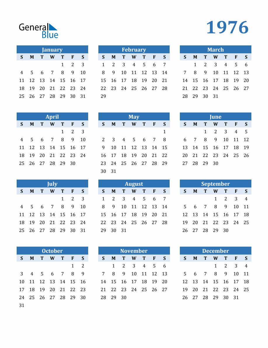 Free 1976 Year Calendar in PDF, Word, and Excel