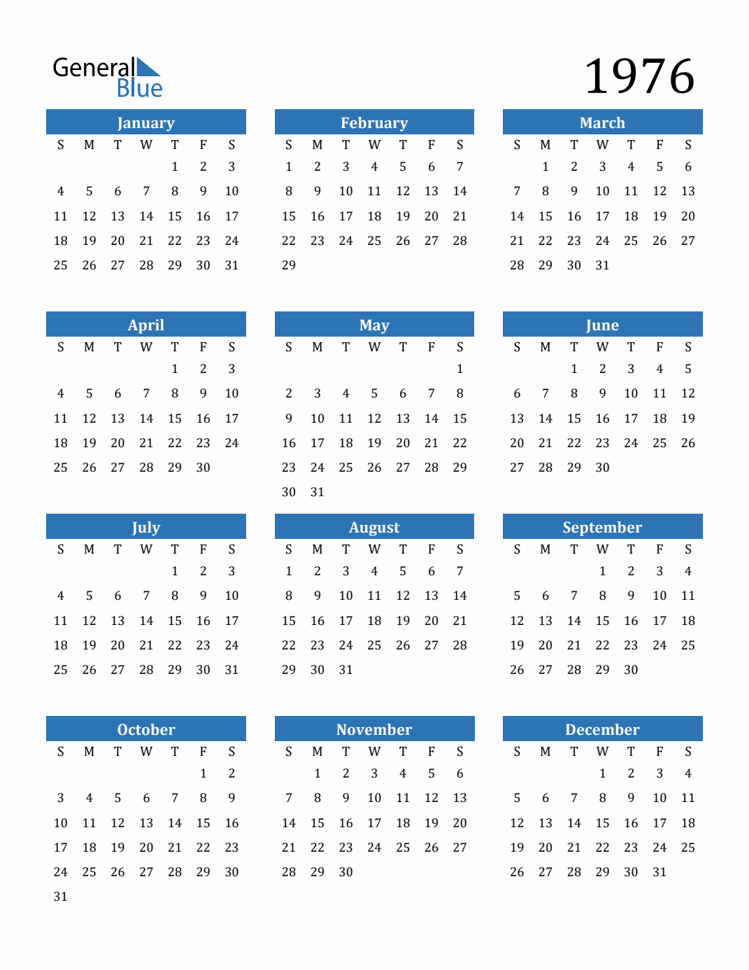 Free 1976 Calendars in PDF, Word, Excel