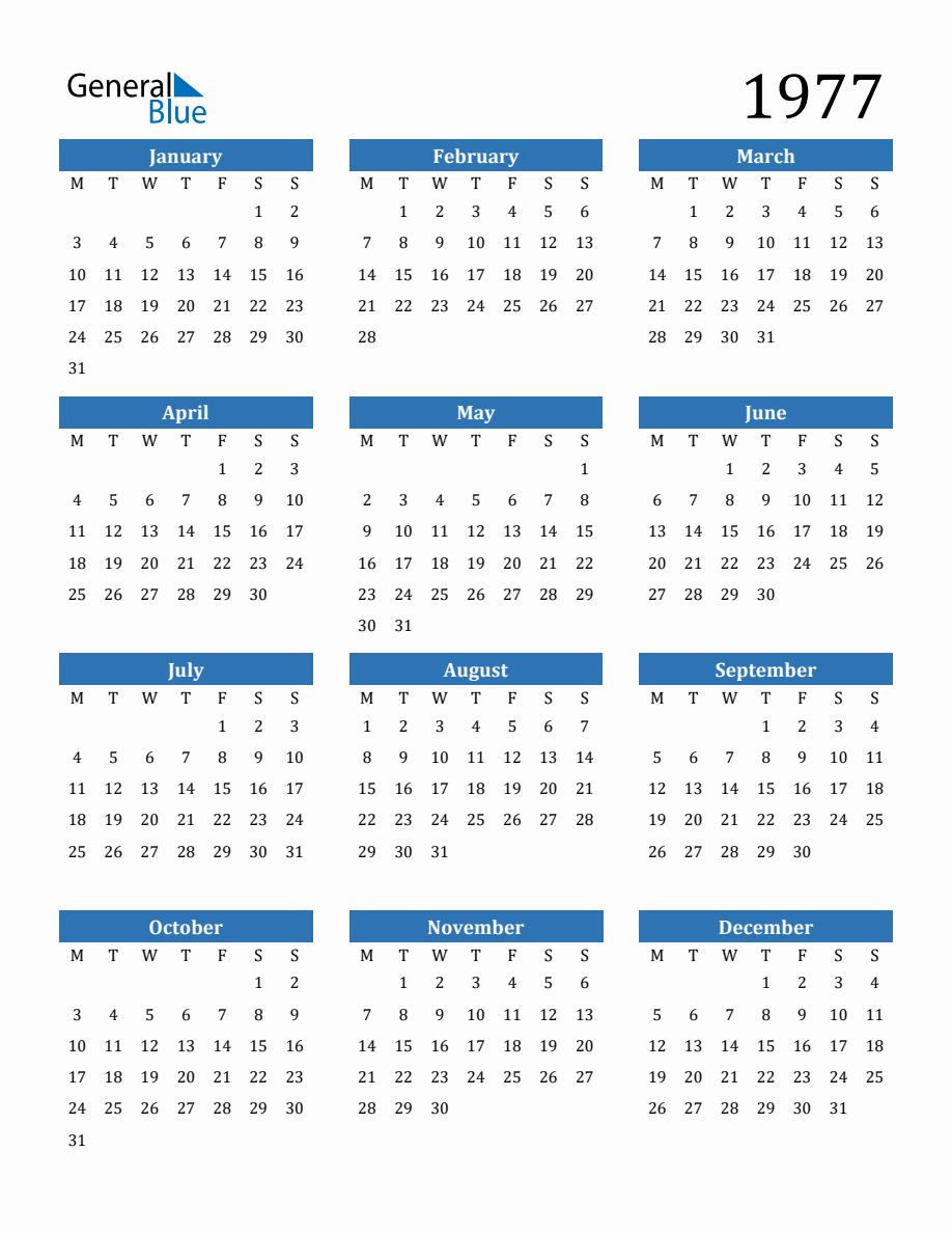 1977 Yearly Calendar with Monday Start