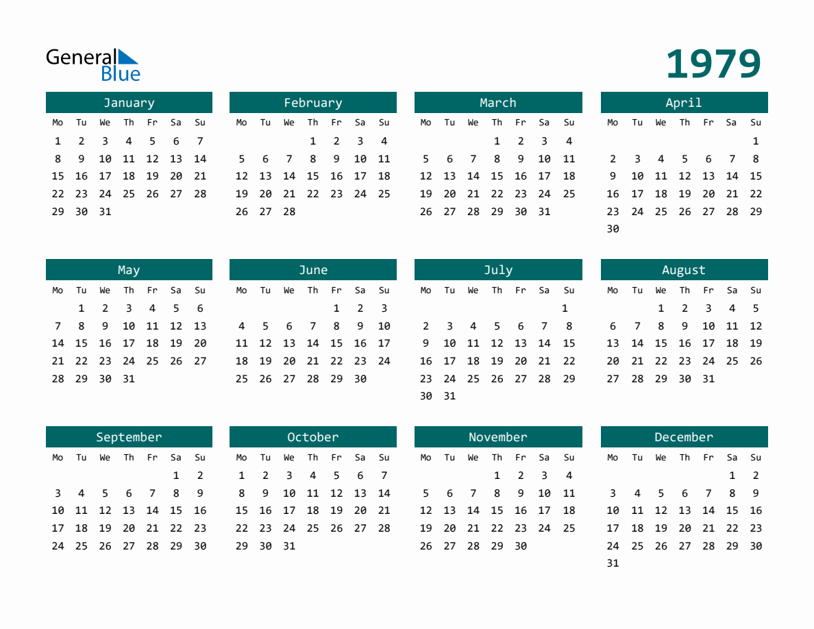 1979 Full-Year Calendar with Monday Start