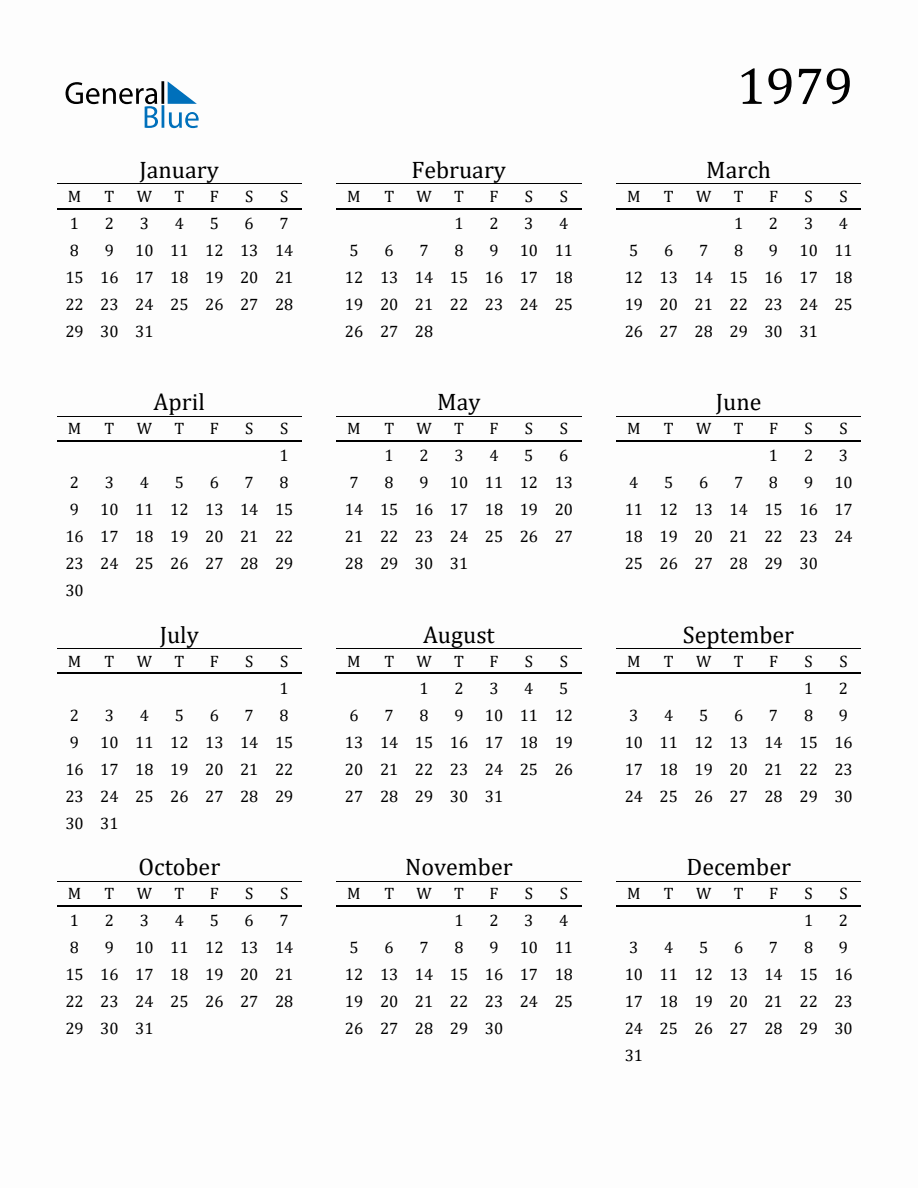 Year 1979 Free Printable 12-Month Calendar