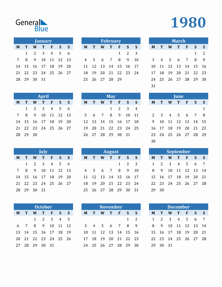 Free 1980 Year Calendar in PDF, Word, and Excel with Monday Start