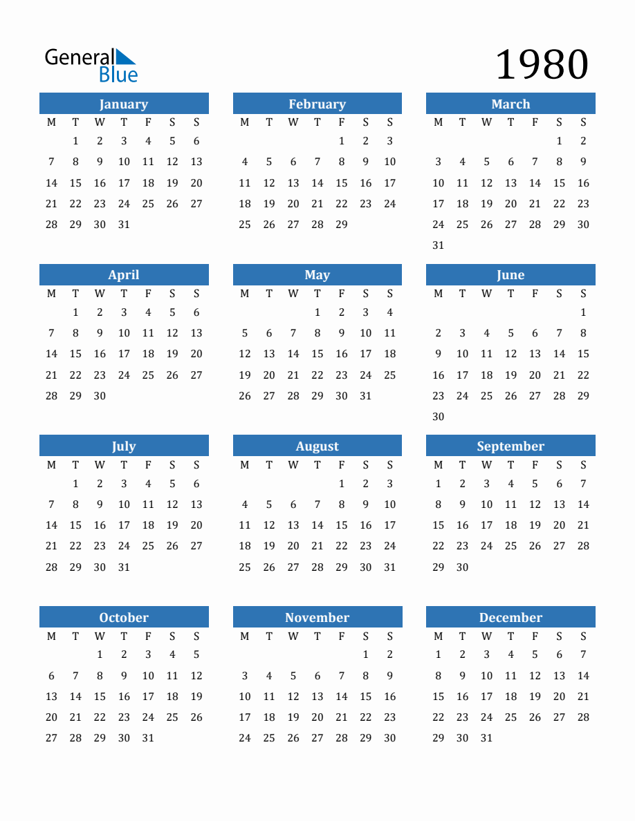 1980 Yearly Calendar with Monday Start