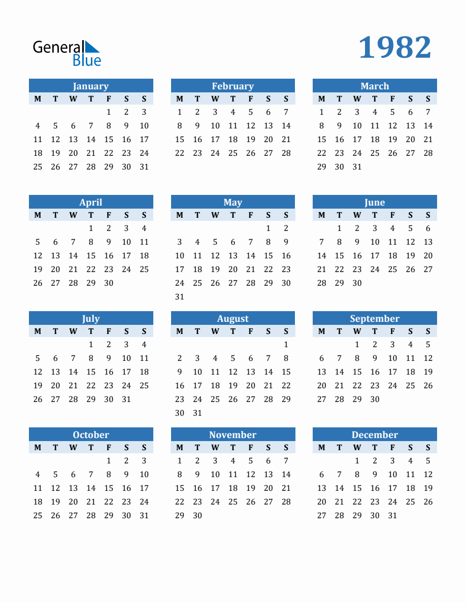 Free 1982 Year Calendar in PDF, Word, and Excel with Monday Start