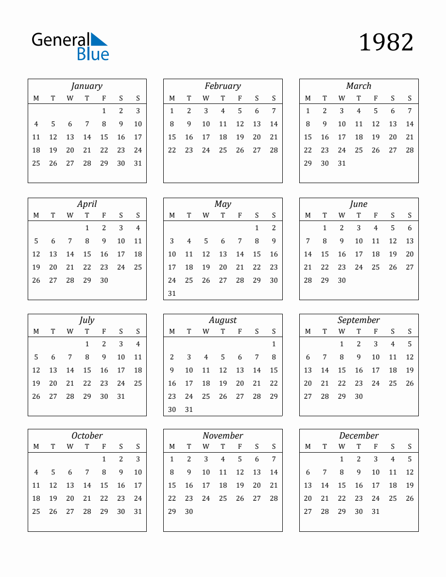 1982 Blank Yearly Calendar Printable with Monday Start
