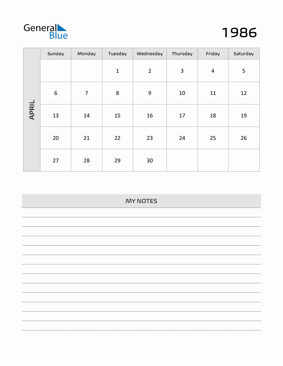 April 1986 Printable Monthly Calendar with Notes